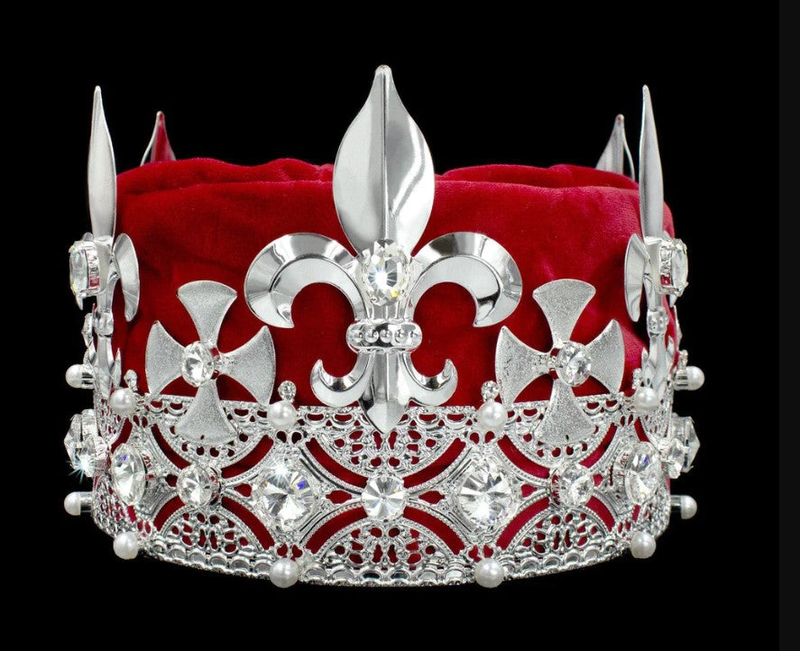 Men's King Round Crown SILVER with CLEAR jewels - Red Velvet 5.5" tall ...
